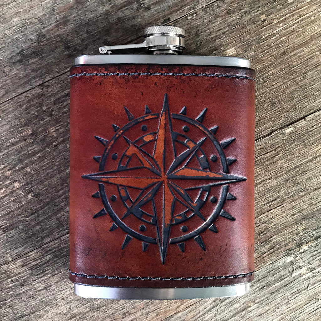 Leather Wrapped Flask - COMPASS ROSE – Blackthorn Leather